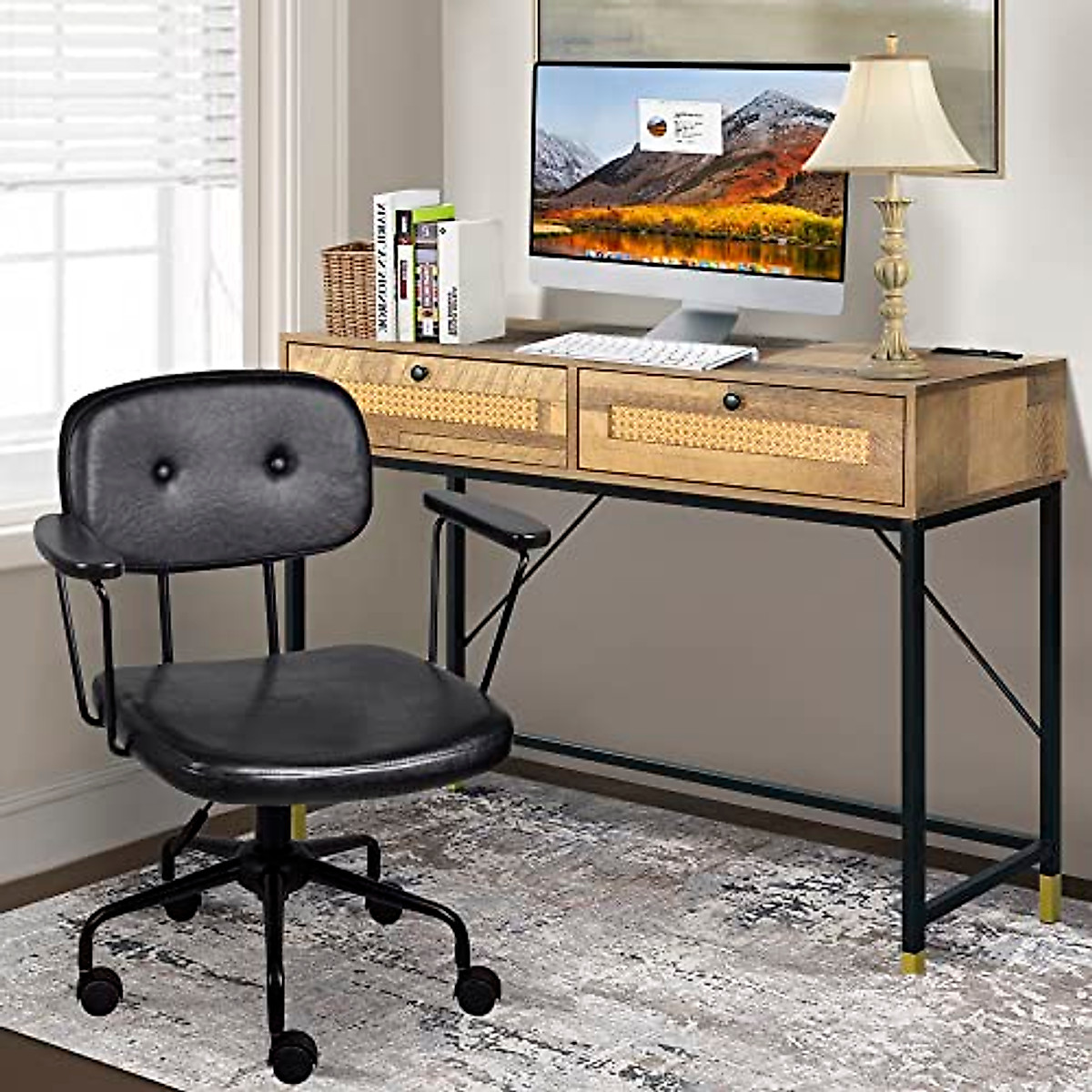 LEEJAY Rattan Computer Desk with Two Drawers, 40 inch Small Computer Writing Desk with Outlets, Entryway Console Table for Small Space,39.37Lx19.68Wx31.29H, Mix Oak