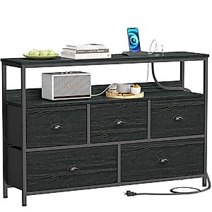 Furologee Console Sofa Table with Power Outlet, Long 45" TV Stand with 5 Drawers, Entertainment Center with Storage for 55'' TV, Entryway Table for Bedroom, Living Room, Hallway, Black Oak