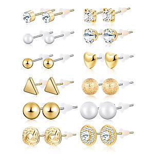 BBTO 24 Pairs Stud Earrings Crystal Pearl Earring Set Ear Stud Jewelry for Women Men(Gold)