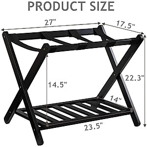 MYOYAY Folding Luggage Rack Bamboo Wood Collapsible Suitcase Stand with Shelf Portable Luggage Holder Ideal for Guest Room Bedroom Hotel, Black