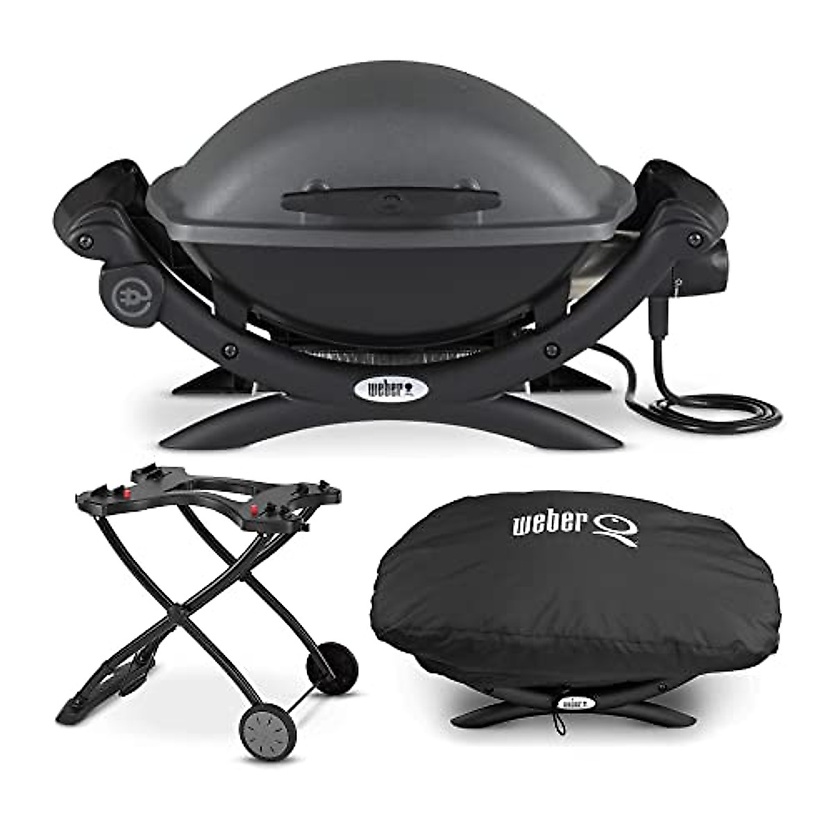 Weber Q 1400 Electric Grill (Black) with Portable Cart and Grill Cover Bundle (3 Items)