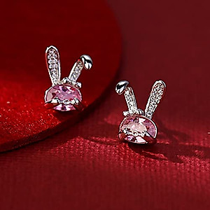 SLUYNZ 925 Sterling Silver Rabbit Earrings Studs for Women CZ Bunny Studs Earrings Easter Earrings Pink Crystal Earrings