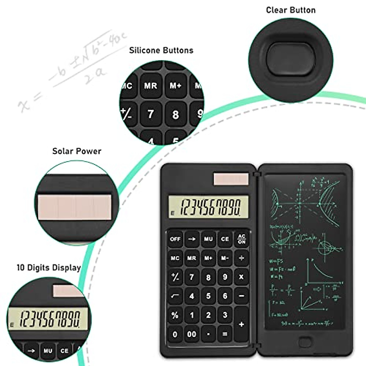 EooCoo Basic Calculator with Notepad,10-Digit Large Display Office Desk Calcultors with Erasable Writing Table,Support Solar and Battery,Multi-Function Portable Calculator for Office, School and Home