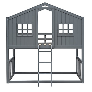 Harper & Bright Designs House Bunk Beds, Twin Over Twin Bunk Bed with Roof, Ladder and Windows, Floor Bunk Bed, Low Bunk Loft Bed for Kids Teens Boys & Girls, Gray