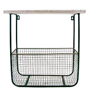 VIP Home and Garden Wooden Floating Shelf with a Metal Basket, Wall Mounted, Farmhouse Décor, 16 Inches, White, Brown