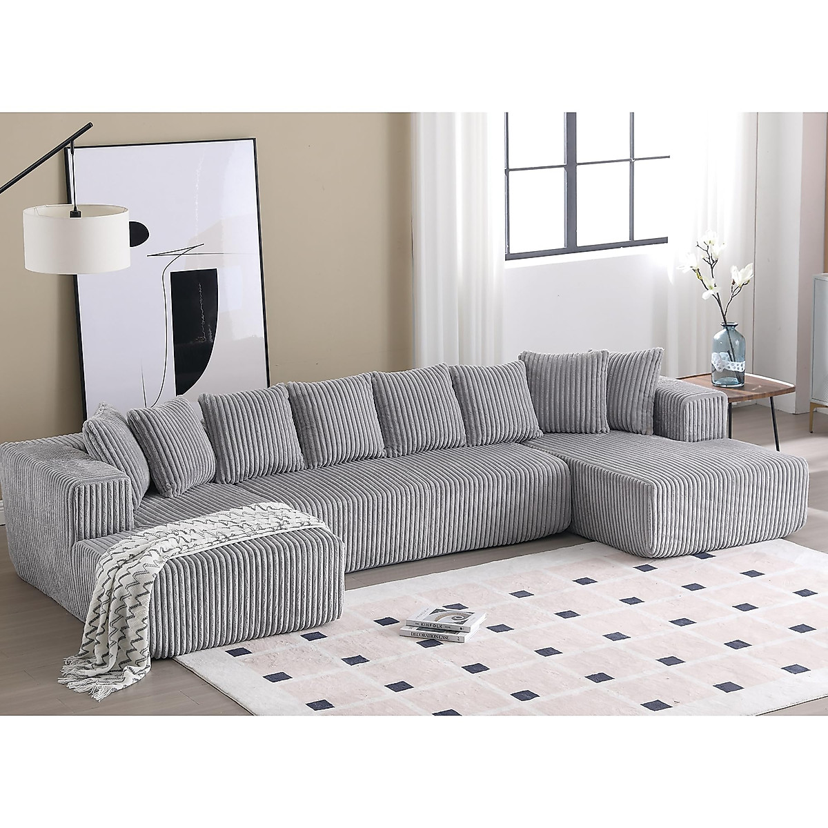 WILLIAMSPACE 131" Sectional Sofa Couch for Living Room, Large Modular Upholstered Sponge U-Shaped Sofa 5 Seater Floor Couch with Chaise Loung, Comfy Foam Sofa, No Assembly, Corduroy, Gray