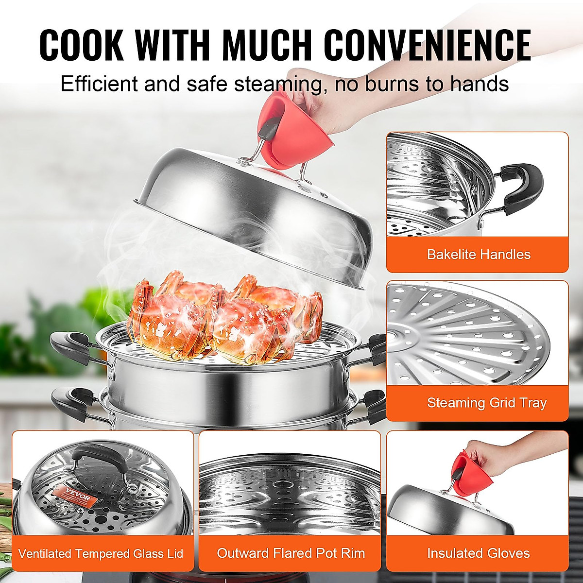 VEVOR Steamer Pot 11in/28cm, 3 Tier Steamer Pot for Cooking with 8.5QT Stock Pot, Vegetable Steamer & 2 Steaming Tray, Food-Grade 304 Stainless Steel Food Steamer Cookware for Gas Electric Stove Grill