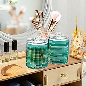 WELLDAY Apothecary Jars Bathroom Storage Organizer with Lid - 14 oz Qtip Holder Storage Canister, Teal Wood Clear Plastic Jar for Cotton Swab, Cotton Ball, Floss Picks, Makeup Sponges,Hair Clips (2 PA