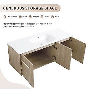 Yoluckea 48" Wall Mounted Bathroom Vanity with Sink, Modern Floating Bathroom Vanity Sink Combo Plywood Hanging Bath Cabinet with White Wash Gel Basin and 3 Soft Close Doors