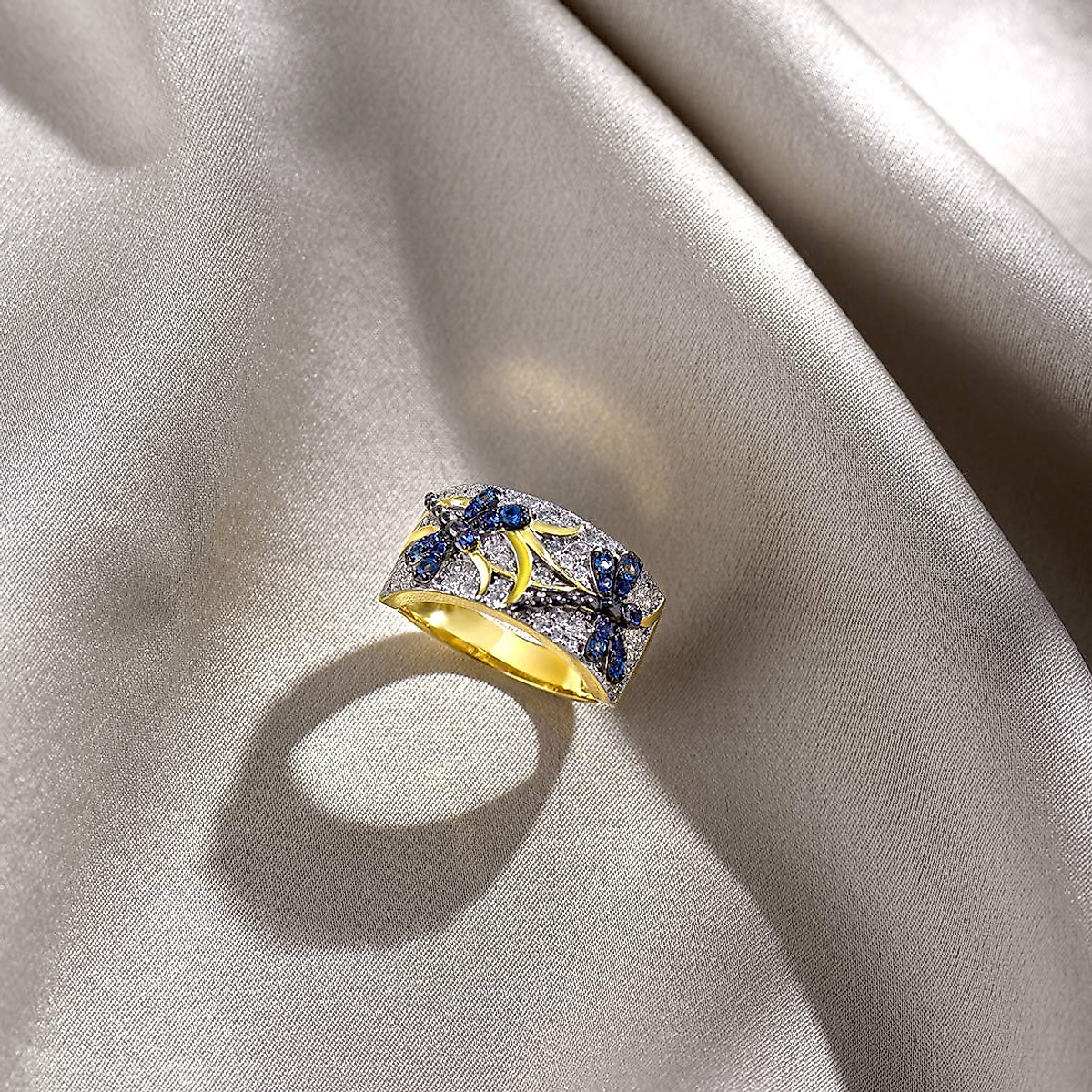 Santuzza 14K Gold Plated Dragonfly Ring Cubic Zirconia Blue Spinel 925 Sterling Silver Ring for Women (6.5)