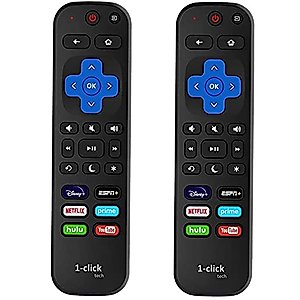 1-clicktech for【Roku TV & Roku Box】 Remote Control - TCL Hisense ONN Sanyo Sharp Hitachi Element Insignia Westinghouse LG JVC Magnavox Roku TV, w/ 12 Opt. Channels [NOT for Stick] (2 Pack Remote)
