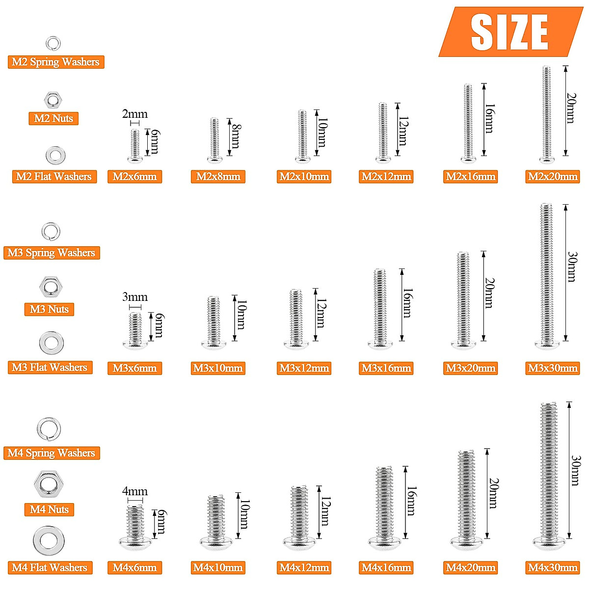 HELIFOUNER 1500 Pieces M2 M3 M4, 304 Stainless Steel Button Head Socket Cap Metric Screws Bolts Washers Nuts Hardware Assortment Kit with Hex Wrenches