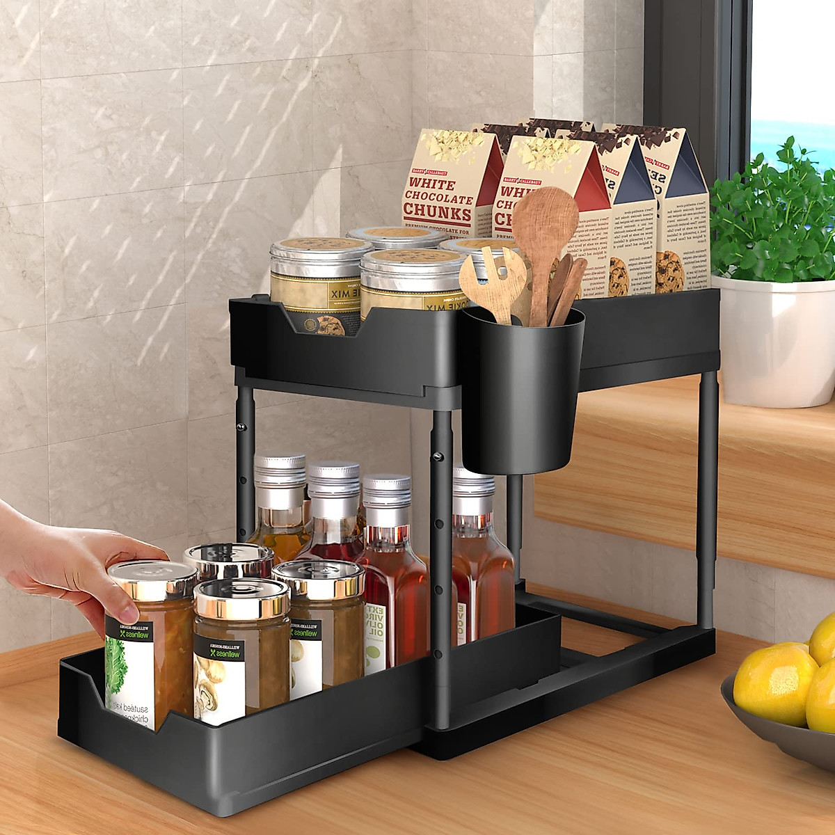 DIHUMK Under Sink Organizers and Storage for Bathroom Kitchen Cabinet 2 Tier Pull Out Double Shelf Drawer Black