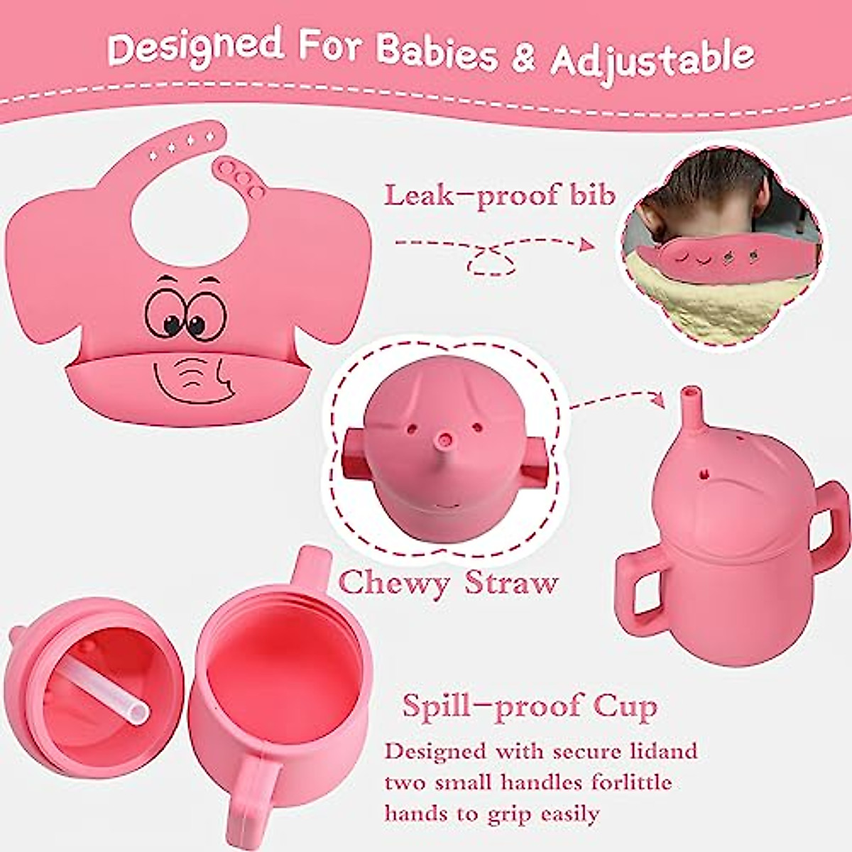 Silicone Baby Feeding Set,11Pack Toddlers Weaning Feeding Sippy Cup with Straw and Lid,Baby Bibs,Bowl Plate with Suction,Baby Feeding Supplies Set (Elephant_Light Pink)