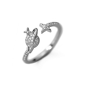 Izpack Planet Star Sterling Silver Open Stacking Rings for Women Dainty Cubic Zirconia Crystal Adjustable Engagement Promise Wedding Ring Wrap Finger Thumb Band Cute Jewelry Gifts