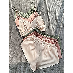 Verdusa Women's 6 Piece Satin Pajama Set Sleepwear Crop Cami Top & Shorts Loungwear Green Pink Beige M