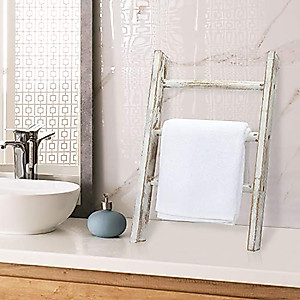 MyGift 16 Inch Rustic Whitewashed Wood Countertop Kitchen Towel Ladder with 3 Rungs, Farmhouse Bathroom Hand Towel Holder Rack