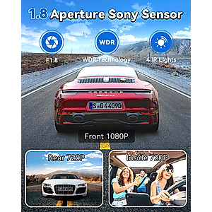 Dash Cam Front and Rear Inside, 3 Channel Dash Camera 1080P Full HD with 32GB SD Card, Car Camera with 2.0’’ IPS Screen, Night Vision, WDR, G-Sensor, Loop Recording, Parking Mode, Motion Detection