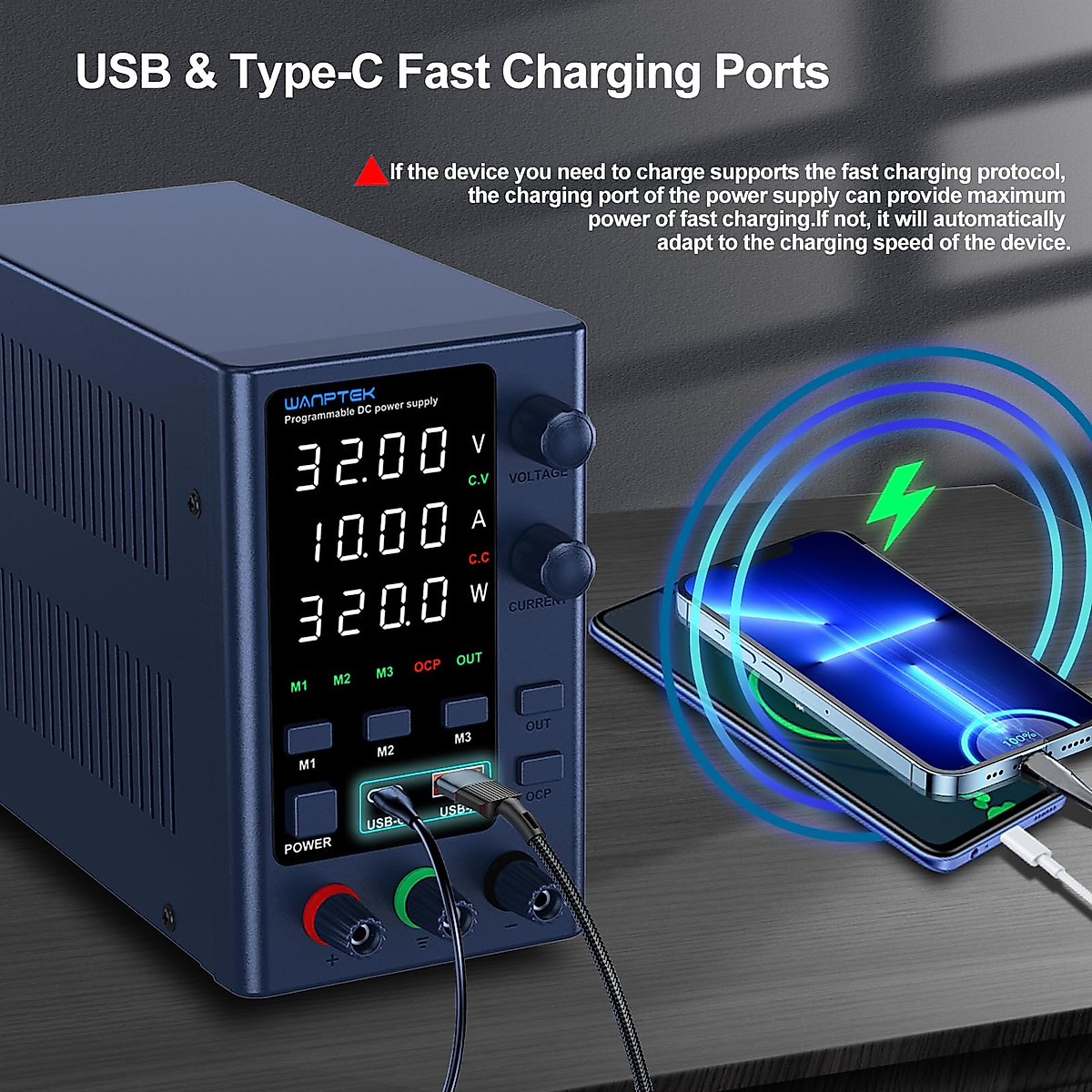 DC Power Supply Variable, Bench Power Supply with Encoder Adjustment Knob, Variable Power Supply with Memory Storage, Adjustable Power Supply with USB-A & Type-C Quick-Charge (0-32V 0-10A)