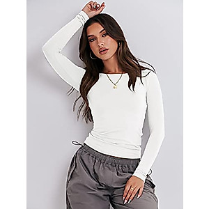 ANRABESS Women Long Sleeve Crop Top Basic Tees Tight Fitting T-Shirt Trendy 2023 Fall Shirts Undershirts Sexy Casual Going Out Cropped Tops 1029dabai-S White