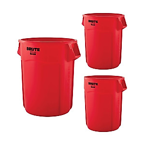 Rubbermaid Commercial Products BRUTE Heavy-Duty Round Vented Trash Can Without Lid, 55-Gallon, Red, for Landscapers/Construction Sites/Restaurants/Back of House/Offices/Warehouses, Pack of 3
