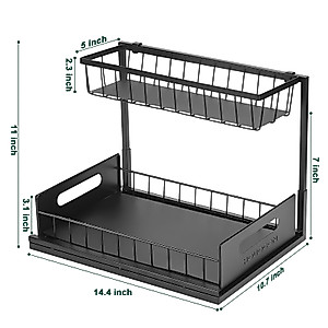 Houocon Under Sink Organizers and Storage, 2-Tier Under Bathroom Cabinet Organizer with Hooks, Pull Out Cabinet Organizer Under Kitchen Sink, Black, Metal