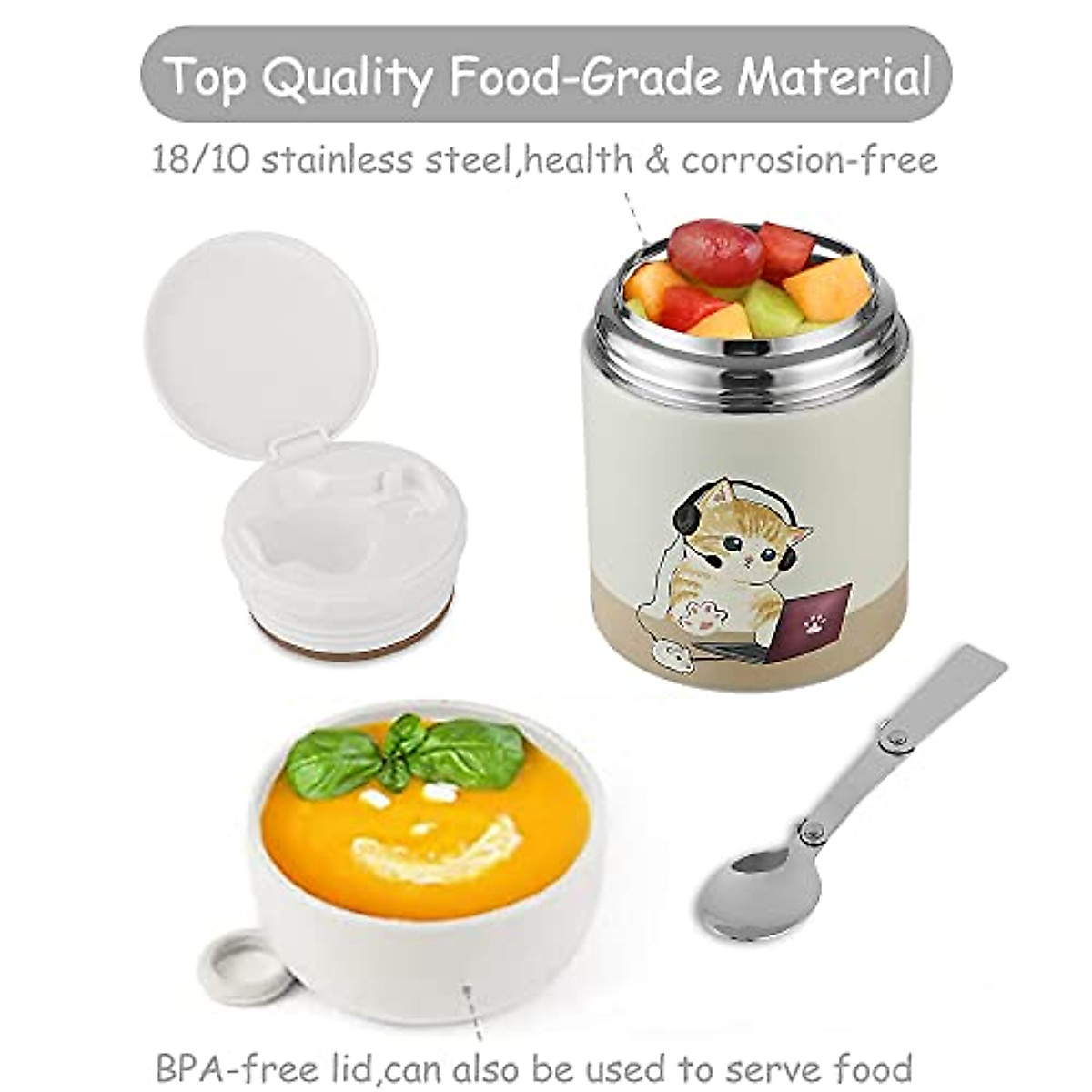 Funkrin 16oz Thermos for Hot Food, Stainless Steel Lunch Box for Kids Adults, Insulated Food Jar with Folding Spoon, Vacuum Leak Proof Soup Container for Hot & Cold Food