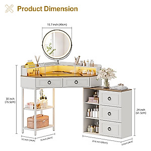 Lvifur Corner Vanity Desk with Mirror and Lights,White Corner Makeup Vanity with Charging Station, 3 Color Led Light Settings, 5 Drawers, and Open Shelves for Bedroom, Women, and Girls