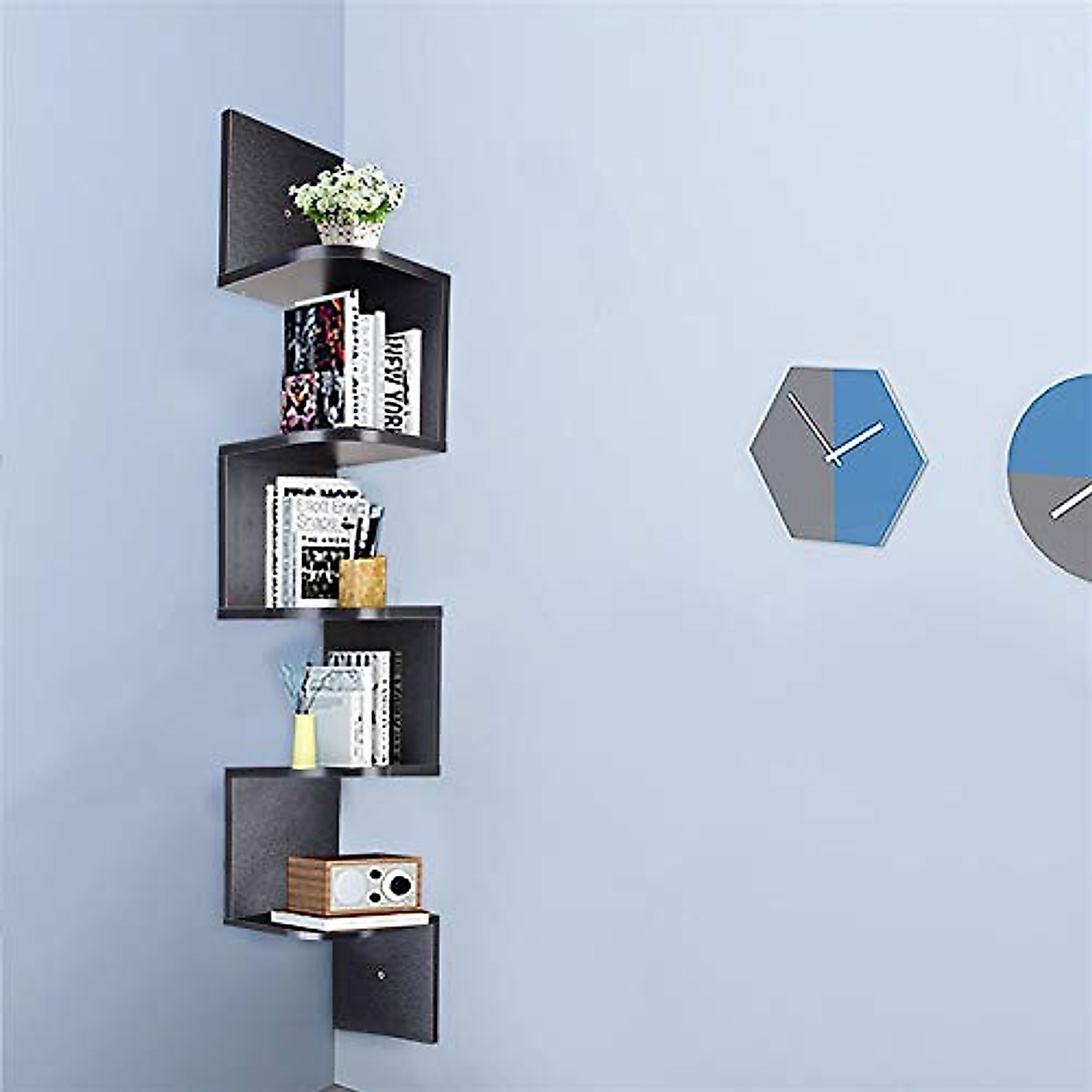 Trlec gt4-ly Wooden Corner 5-Layer Wall Shelf Zigzag Wooden Shelf Wooden mounting Frame Household Furniture, Suitable for Kitchen, Living Room, Bedroom Black