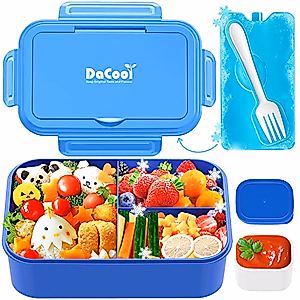DaCool Kids Bento Box with Ice Pack Chill Kids Lunch Box 9.4 CUP Cold Toddler Bento Lunch Containers with 3+1 Compartments Fork for Meal Leakproof Microwave & Dishwasher Safe BPA-Free, Blue