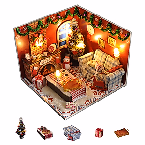 Flever Dollhouse Miniature DIY House Kit Creative Room with Furniture and Glass Cover for Romantic Artwork Gift(Christmas Eve)