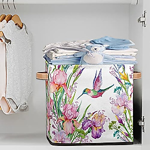 DJYQBFA Storage Basket Hummingbird Flowers Watercolor Collapsible Storage Bin with Handles Large Canvas Storage Cubes Toy Basket for Shelves Closet Nursery Cabinet Living Room Organizer 13x13x13