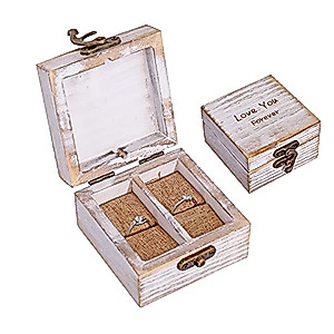 LONGNENG Wooden Ring Box for Wedding Rings and Couple Jewelry,Ring Bearer Box for Display or Personal Organizer,Engraved LOVE YOU FOREVER Lettering