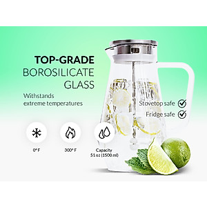 Oval Orange Glass Pitcher with Lid and Spout (1.5 L | 51 oz) - Borosilicate Glass Water Pitcher - for Hot & Cold Beverages - incl. Cleaning Brush