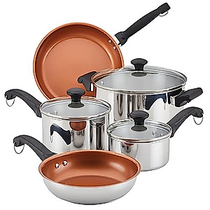Farberware Classic Traditions Stainless Steel Cookware Induction Pots and Pans Set with Prestige Cooking Utensils, 12 Piece - Stainless Steel