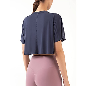 Gnveub Women's Lightweight Short Sleeves Yoga Shirt Soild Basic Crew Neck Crop Tops Athletic Workout Top(Navy,M)