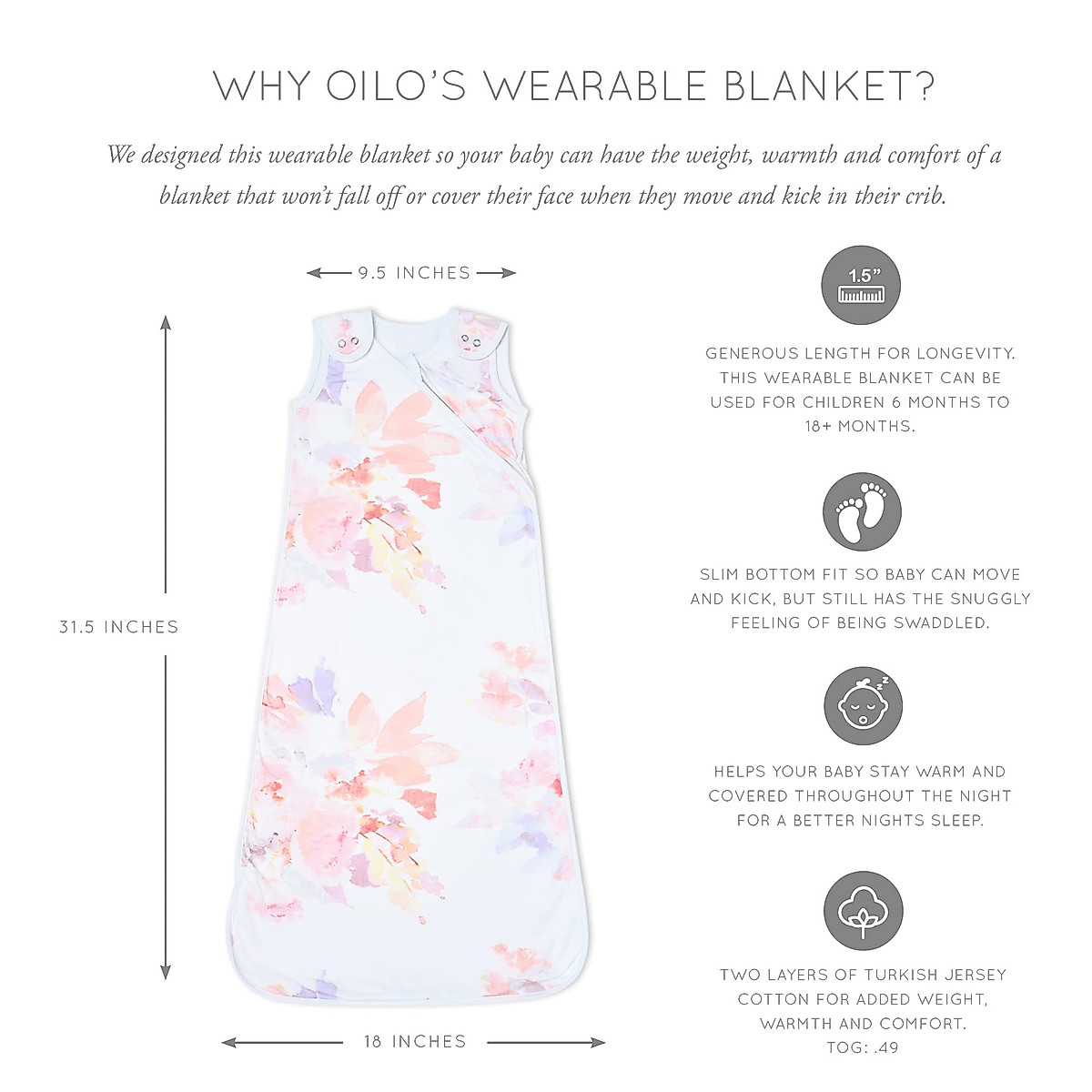 Oilo 100% Cotton Sleep Sack Swaddle I 4-Way Adjustable Wearable Blanket I Baby Sleeping Bag 6-18+ Months I 2 Layers of Turkish Jersey Cotton I TOG 0.49 I Lightweight Baby Sleep Slacks I Prim