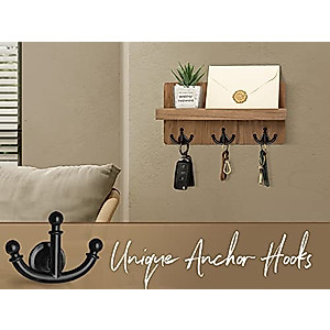 Rebee Vision Farmhouse Key Holder for Wall with Shelf: Decorative Mail Organizer and Key Rack Wall Mount with 3 Anchor Hooks - Rustic Entryway Decor (Retro Brown)