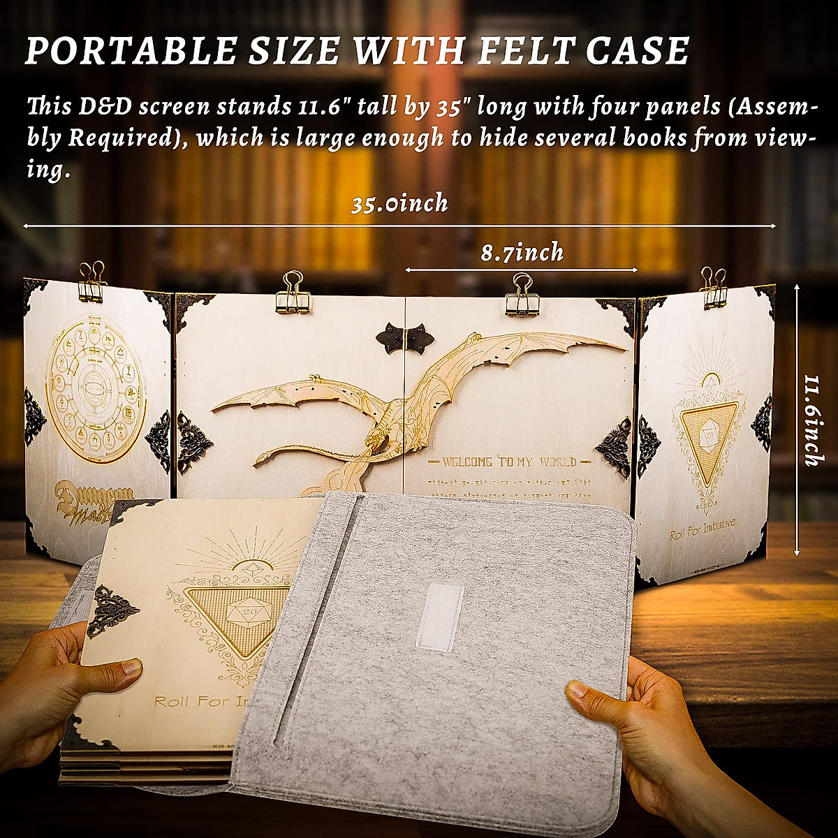 Dungeon Master's Screen 4-Panel Wood Laser Carved DM Screen with Felt Case - D&D, Tabletop RPG Accessories for Game Master