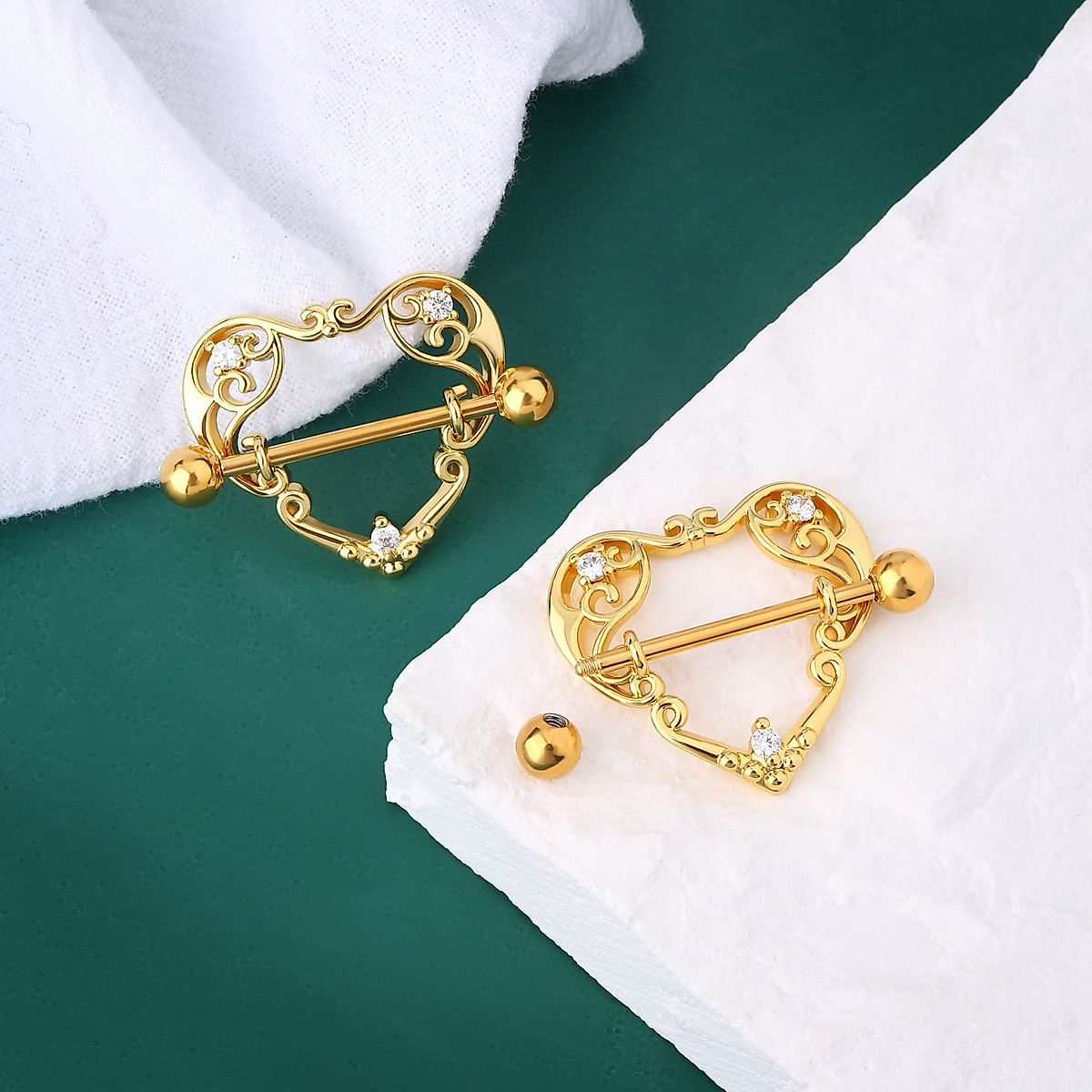COCHARM 2pcs Heart Nipple Rings Gold for Women 14G Surgical Steel Nipple Piercing Nipple Shield CZ Nipple Barbell