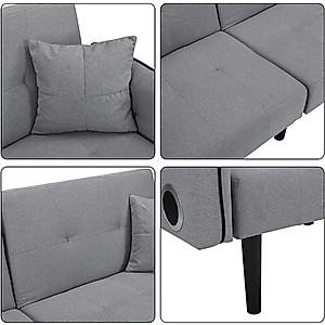 MWrouqfur 76" Convertible Folding Futon Sofa Bed with Bluetooth Speaker,Modern Linen Fabric Upholstered Sleeper Couch Bed,Recliner Loveseat with Armrest and 2 Pillows for Living Room,Bedroom,Office