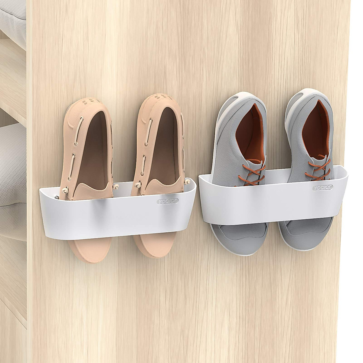 Yocice Wall Mounted Shoes Rack 2Pack with Sticky Hanging Strips, Plastic Shoes Holder Storage Organizer,Door Shoe Hangers (SM03-White-2)