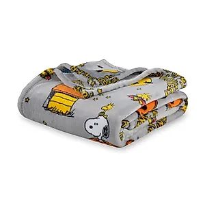 Berkshire Blanket Peanuts® VelvetLoft® Cute Character Snoopy Plush Oversized Kids Throw Blanket, Peanuts Snoopy and Woodstock Happy Halloween Spooky Chateau Grey (50in x 60in)