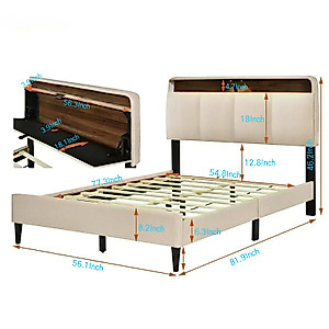 ChicFurnit Full Size Upholstered Platform Bed with Storage Headboard, Sensor Light and a Set of Sockets and USB Ports, Linen Fabric, Beige