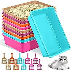 10Pcs Open Cat Litter Box Kitten Litter Pan with 10 Scooper Medium Plastic Litter Tray Durable Nonstick Litter Box for Indoor Pets Cats Rabbit Supplies Easy to Clean,14.6x10.6x3.4 Inch, Assorted Color
