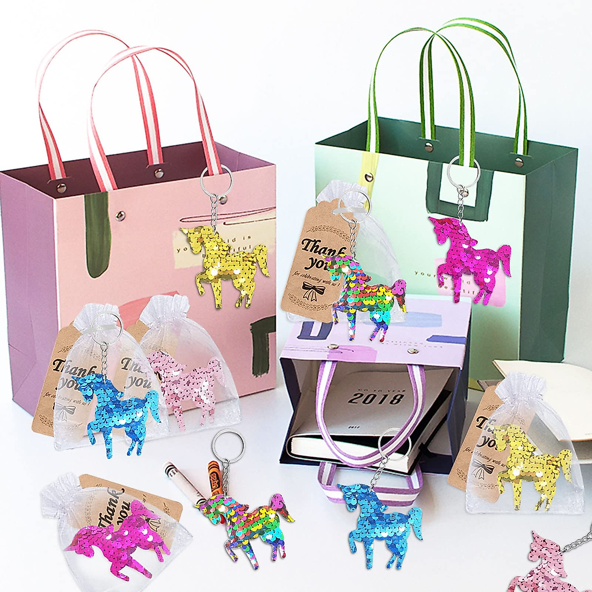 CiciBear 60 Pack Double-Deck Unicorn Sequin Keychain Set with 20 Unicorn Keychains, 20 Thank You Tags and 20 Gift Bags for Forest Animal Party Favor, Kids and Adult Birthday, Baby Shower, 5 Colors