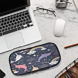 GzLeyigou Narwhal and Rainbow Pencil Case Pen Holder Large Capacity Stationery Organizer Pen Bag with Zipper Pencil Pouch Makeup Brush Bag for Adult Teen Boy Girls Students School College Work Office
