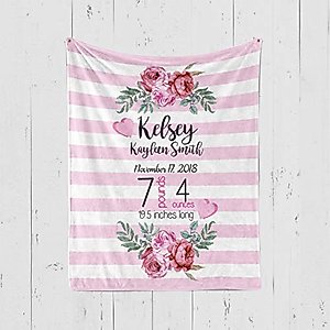 Baby Girl's Blanket - Birth Stats - Pink - Flowers Hearts - Minky 30" x 40"