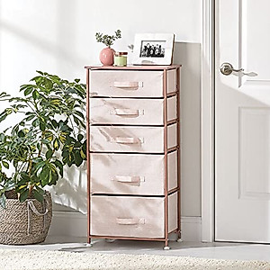 mDesign Storage Dresser Furniture Unit - Tall Standing Organizer Tower for Bedroom, Office, Living Room, and Closet - 5 Drawer Removable Fabric Bins - Light Pink/Rose Gold