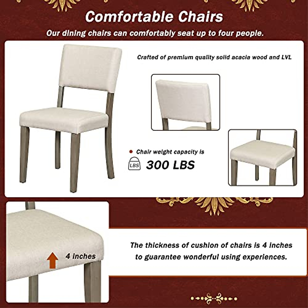 Dinehome 5-Piece Wooden Round Kitchen Dining Table Set with Curved Trestle Style Legs and 4 Upholstered Chairs, Taupe